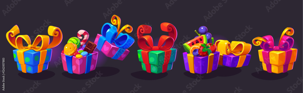 Game gift box set with colorful bows, sweets, fruits and prizes ...