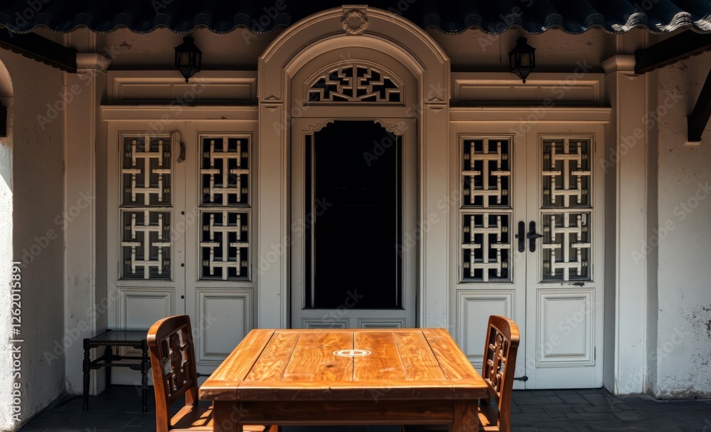 Close up antique chinese traditional chairs and table with white chino ...