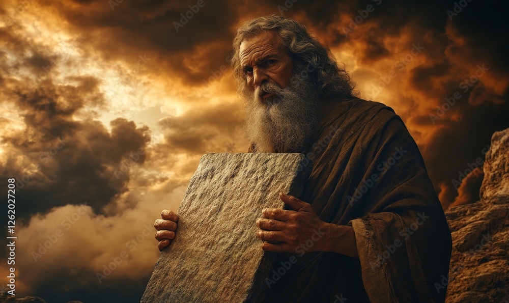 Moses Holding the Stone Tablets on Mount Sinai with Dramatic Sky ...