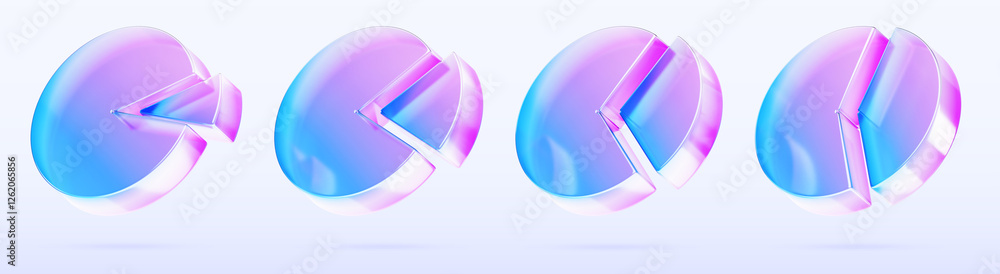 3d set of glass holographic transparent pie chart with different ...