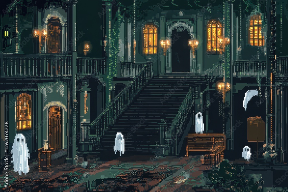 A gothic pixel-art haunted mansion with eerie hallways, flickering ...
