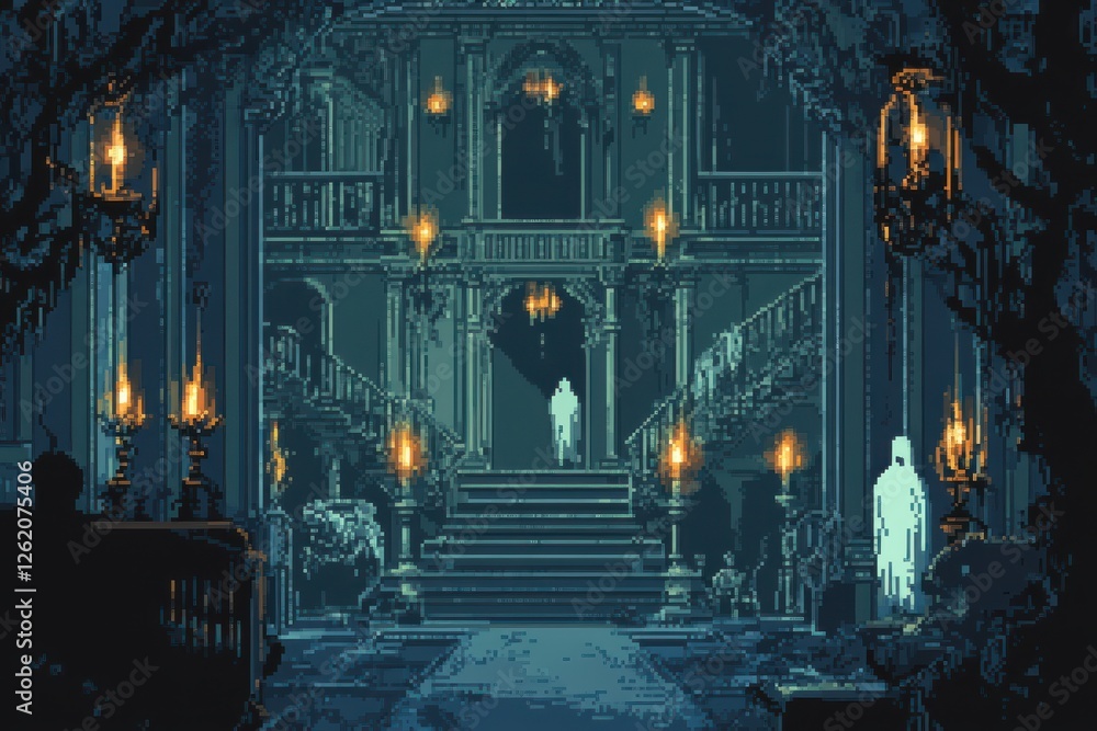 A gothic pixel-art haunted mansion with eerie hallways, flickering ...