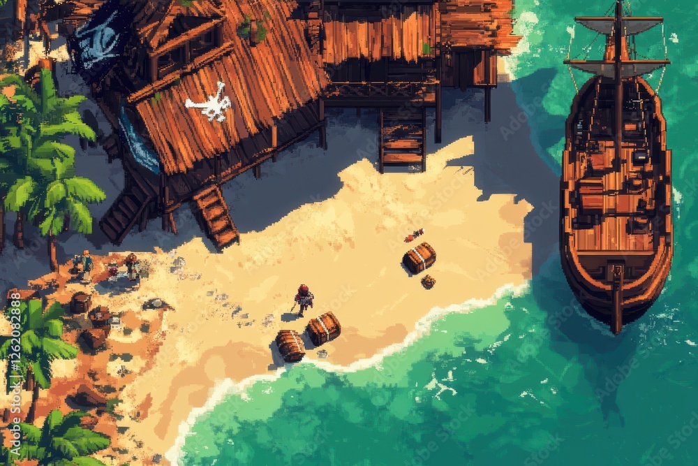A tropical pirate cove with wooden docks, pixel-art pirate ships ...