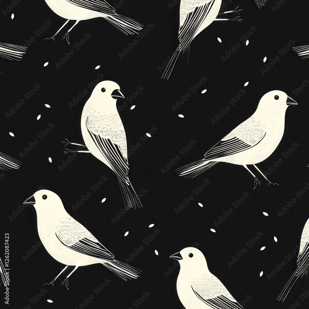 This seamless pattern showcases charming canaries singing amid ...