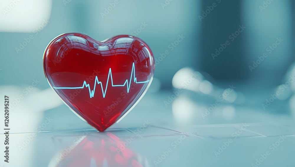Red Heart-Shaped Symbol with Electrocardiogram (ECG) Line on Light Blue ...
