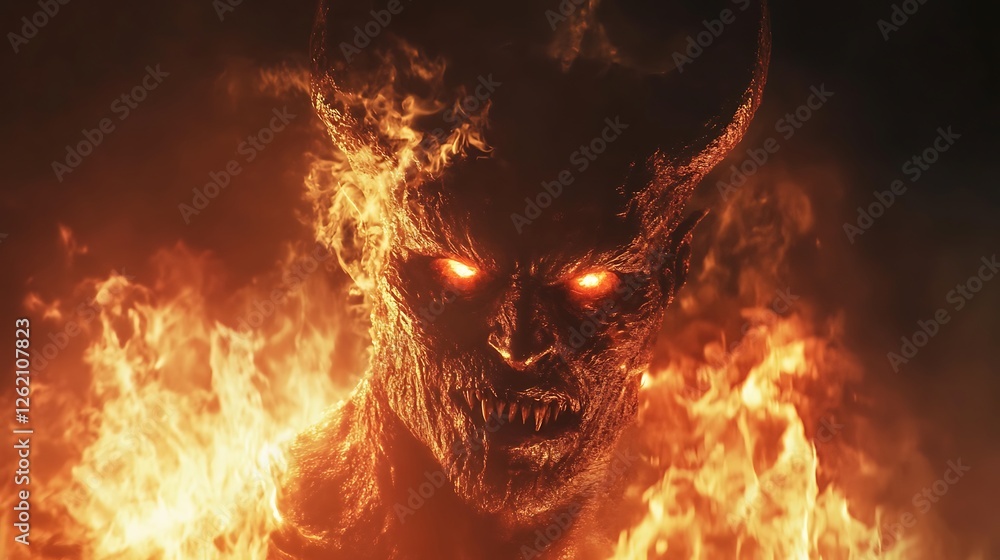 Infernal Gaze: A demonic figure, shrouded in fiery flames, stares out ...