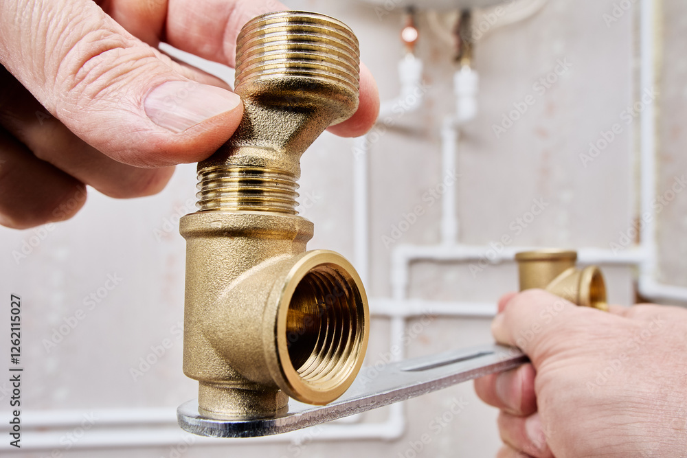 Brass elbow fitting with an internal threaded connection is being ...