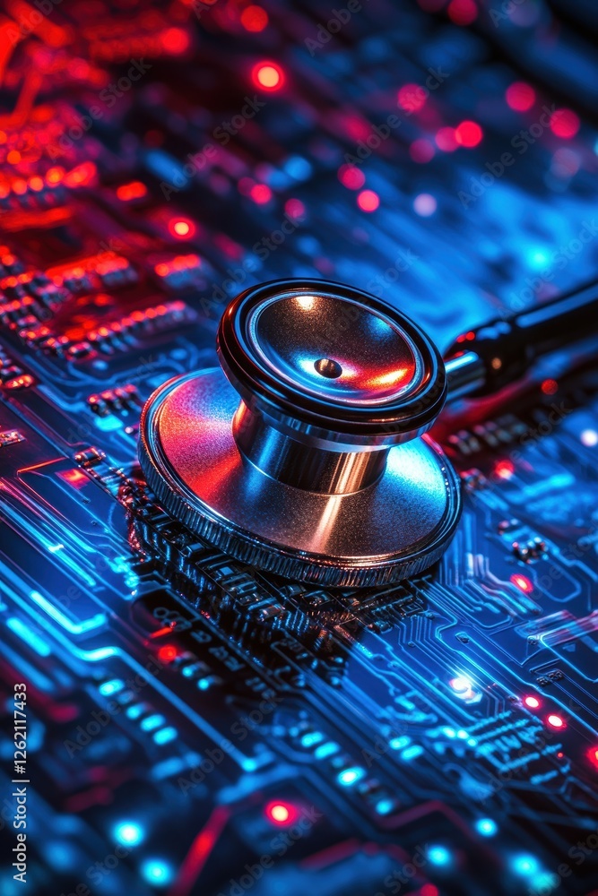 Stethoscope on circuit board illustrating technology in healthcare ...
