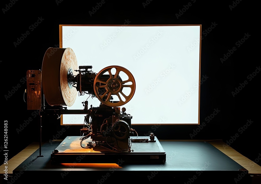Vintage projector museum display, film reel, screen, dark room ...