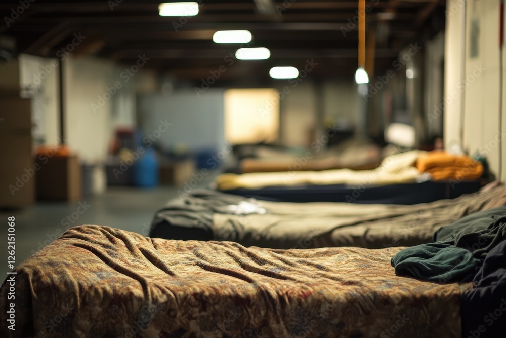 Beds arranged in a homeless shelter reflecting the need for warm and ...