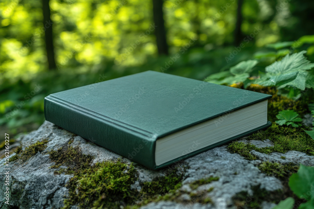 Closed green book resting on a moss-covered rock in a lush, sunlit ...