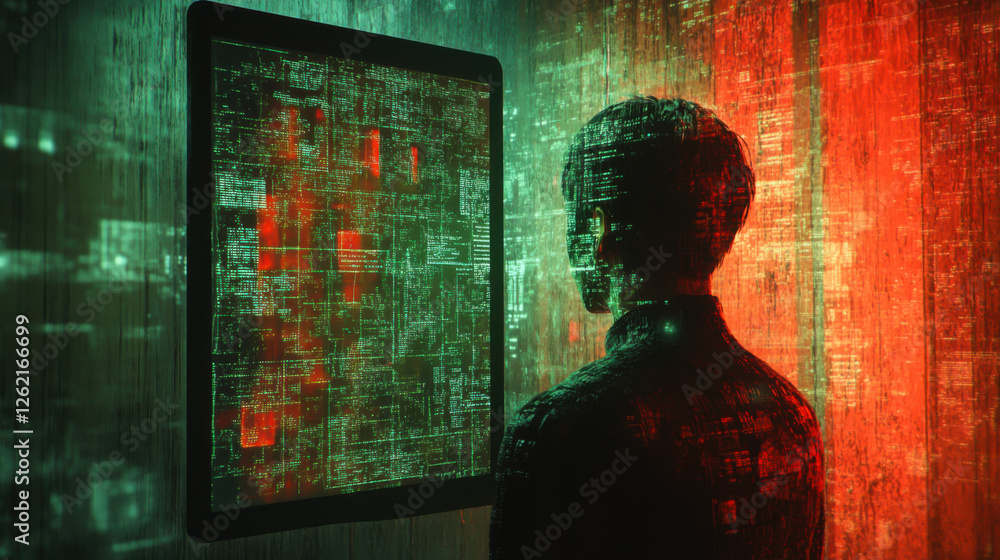 human figure in front of a digital mirror, with their digital ...