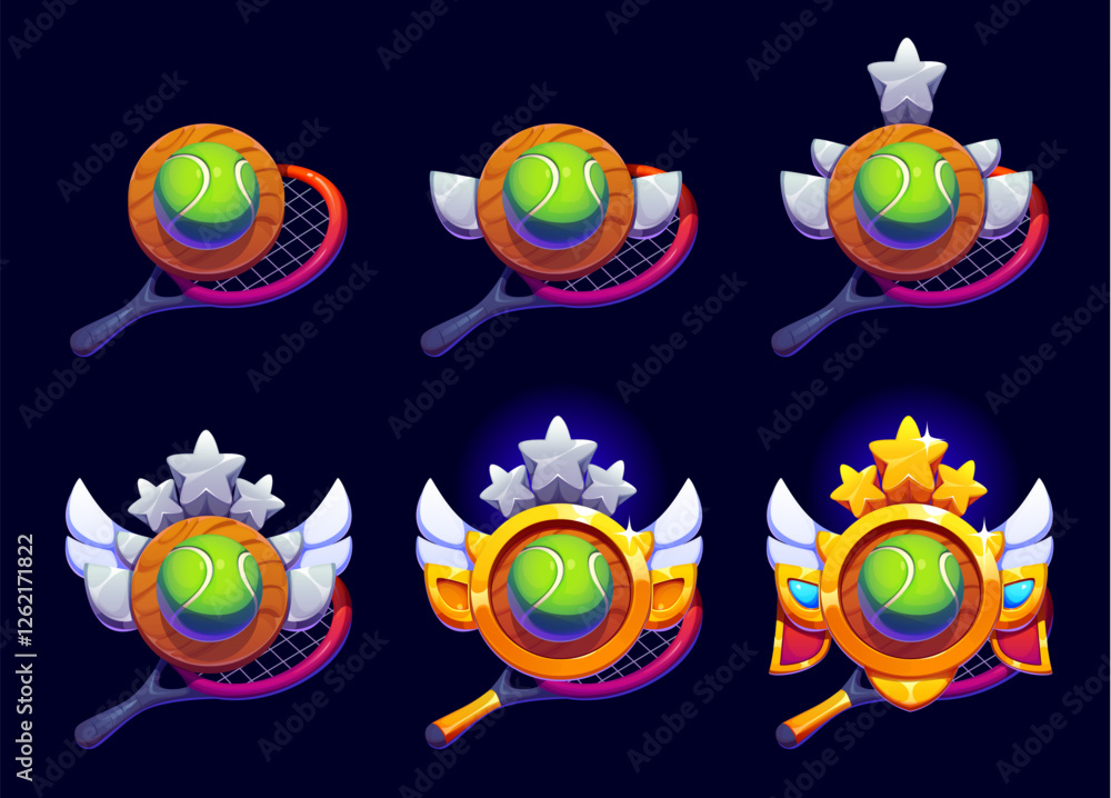 Tennis game rank badge, sport level medal, award icons with ball ...