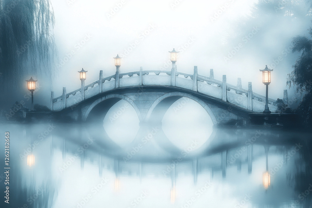 Serene stone bridge with glowing lanterns shrouded in mist over a calm ...