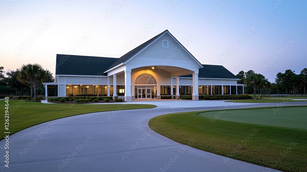 Elegant golf clubhouse exterior at sunset golf course architectural ...
