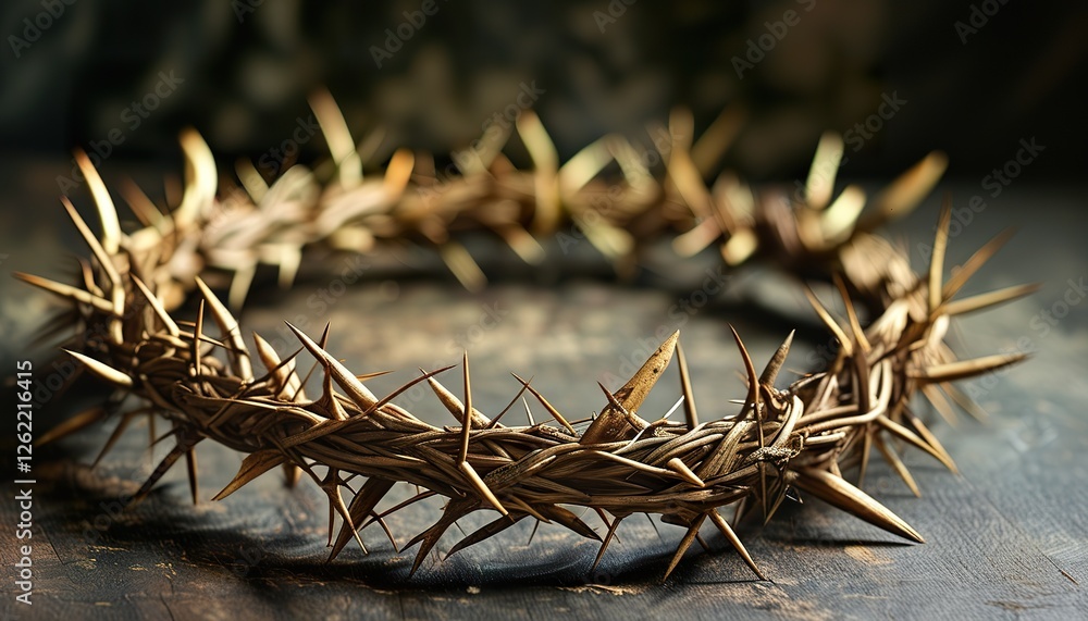 A closeup of a crown of thorns rests on weathered wood, evoking imagery ...