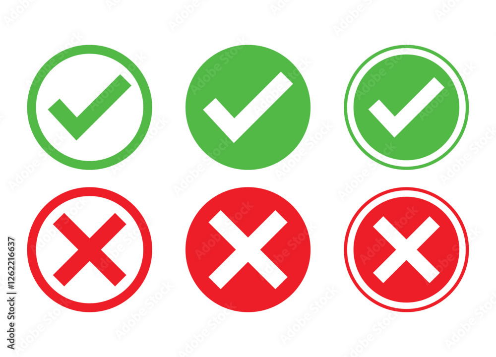 Check box tick mark icon set. Green tick ok and red X cross square vector illustration. Correct ...