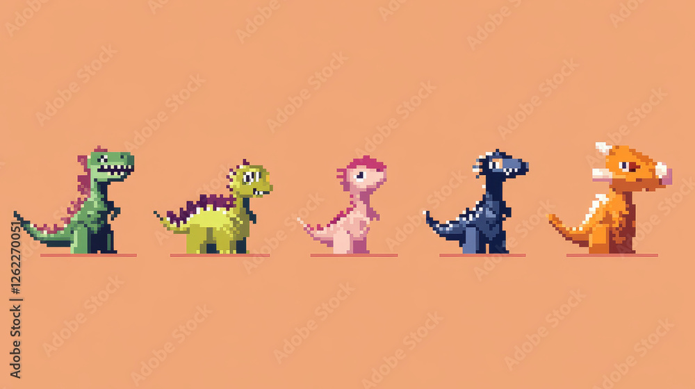 Pixel dinosaur characters. 8 bit pixel art game dino animals ...