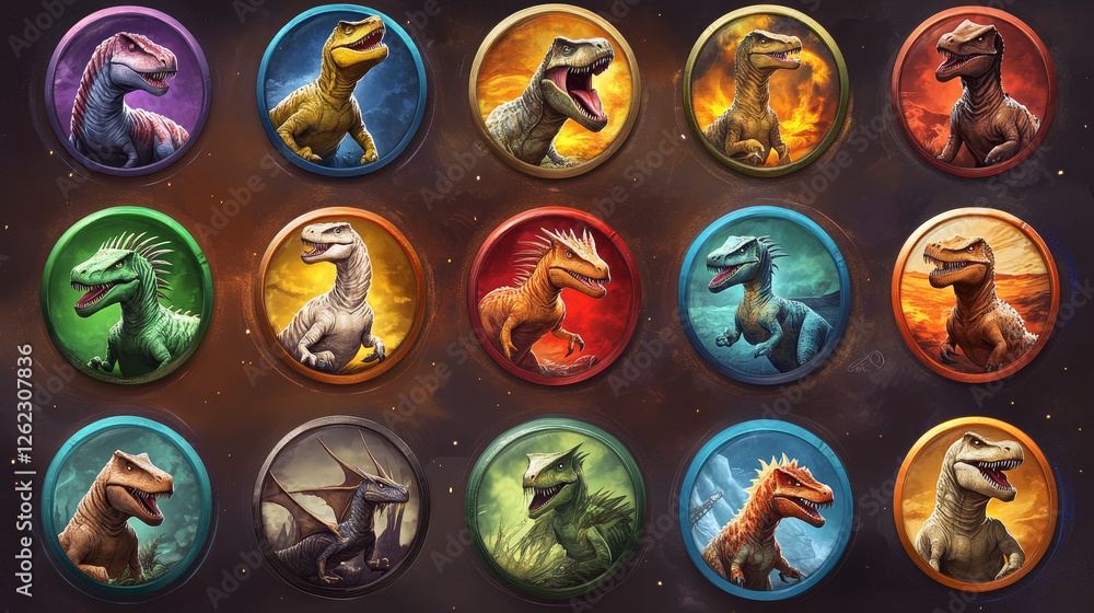 Prehistoric dinosaurs isolated round icons. Vector set of prehistoric ...