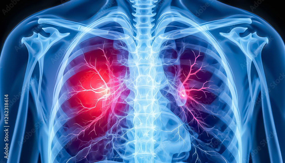 x ray of human lungs is red due to pneumonia. X-ray photo image of ...