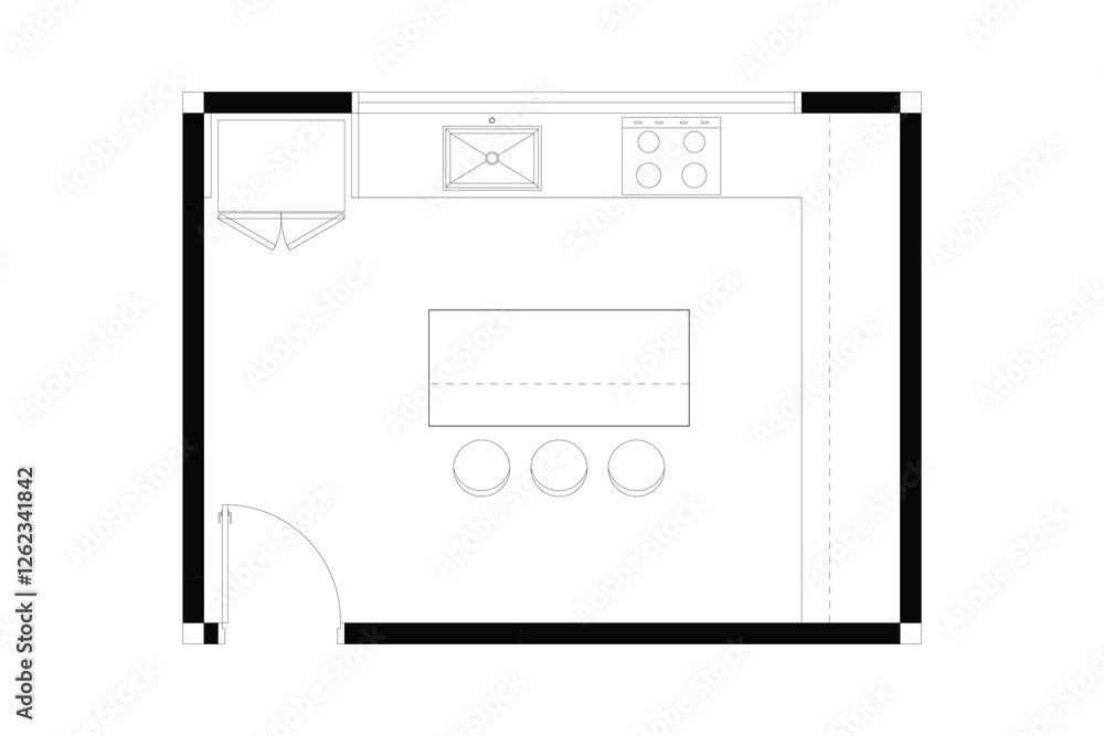 2d layout of kitchen furniture plan of interior design, black lines on ...