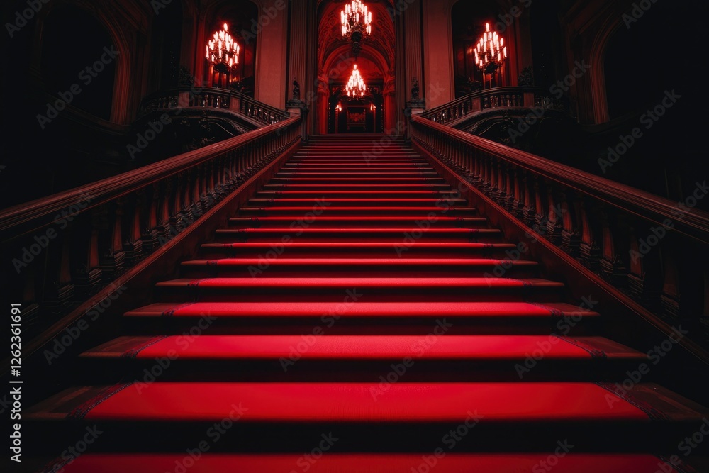 Dramatic red carpet stairs to ball room interior for elegant events and ...