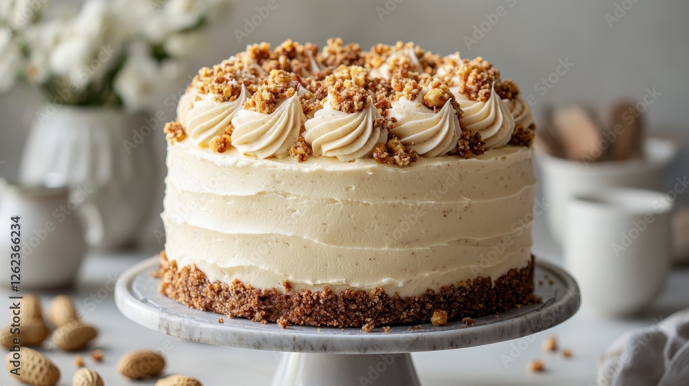 Delicious birthday cake with creamy peanut butter and crunchy toppings ...