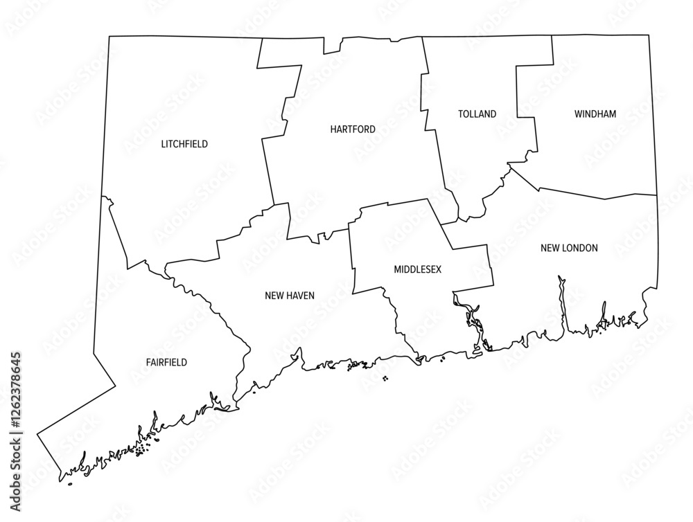 State of Connecticut divided into counties, outline map. State in the ...