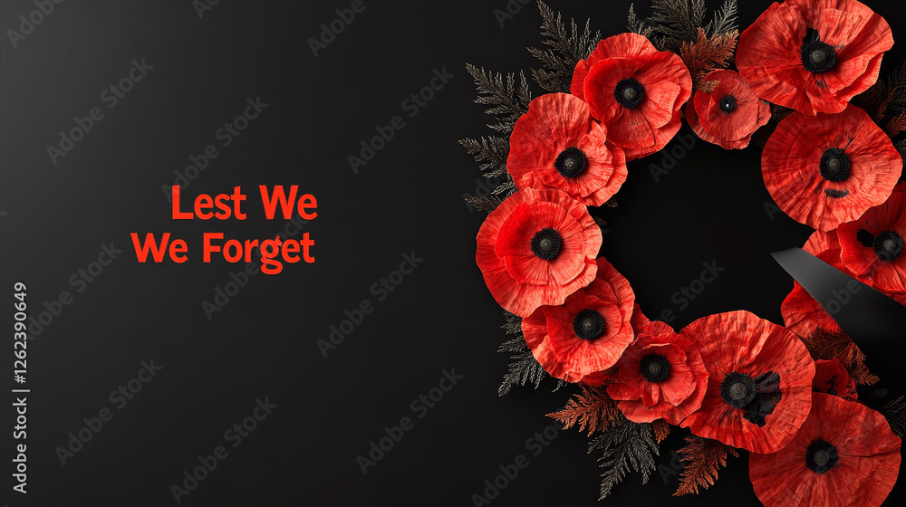 Ilustración de Stock Anzac Day poster with wreath of red poppy flower ...