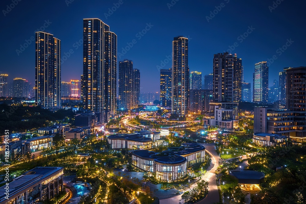 Night view of a technologically advanced city with elegant, illuminated ...