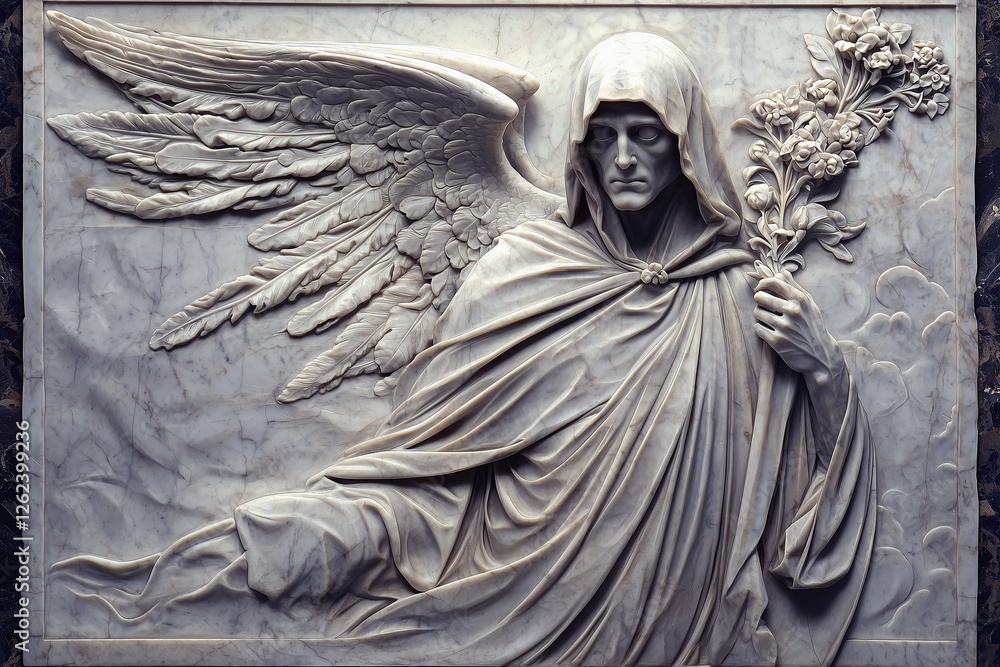 Thanatos (Tanatos) is the god of death holding poppy, forget-me-not and ...