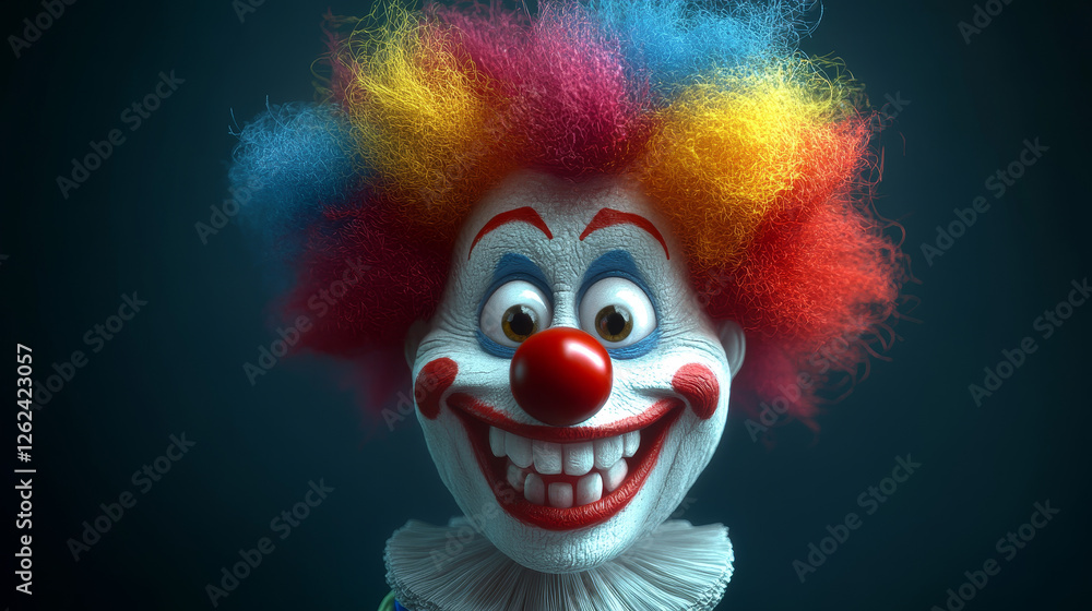 Happy grinning clowns face with a big toothy smile, a red nose and ...