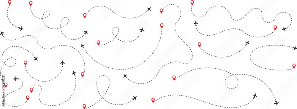 A set of airplane silhouettes with dotted flight paths, representing ...