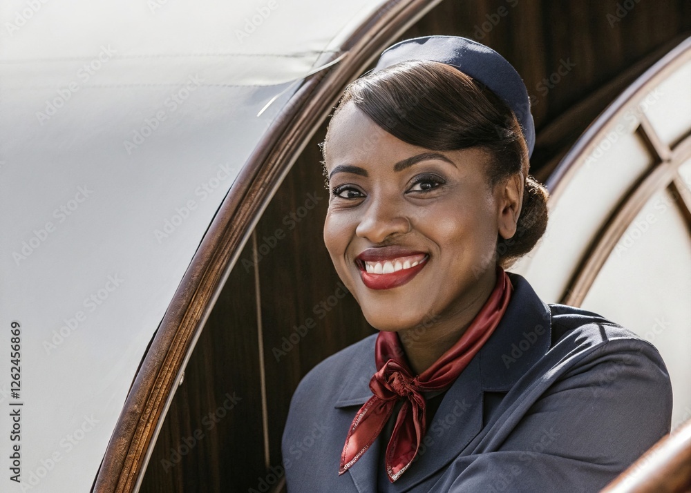 Welcoming flight attendant smiling in airplane cabin professional ...