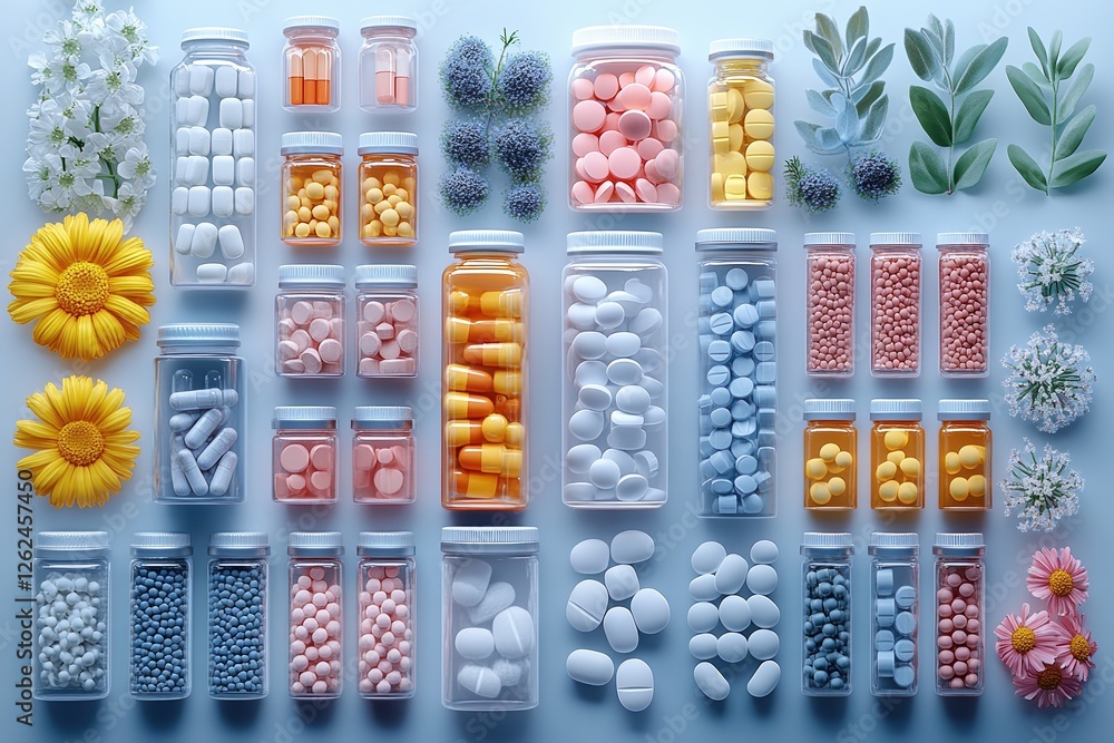 Graphic layouts showcasing various types of medications and supplements ...