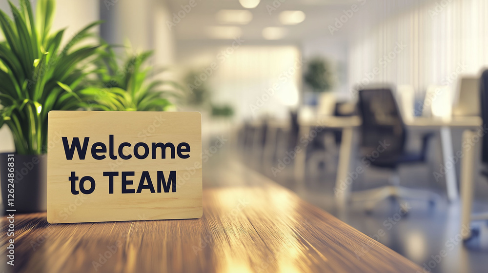 Welcome to team greeting to new employee with modern office background ...