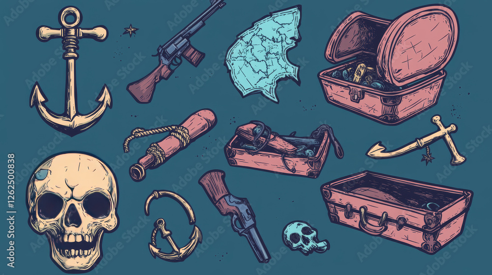 Pirate treasure hunting icon, vector emblem with chest full of golden ...