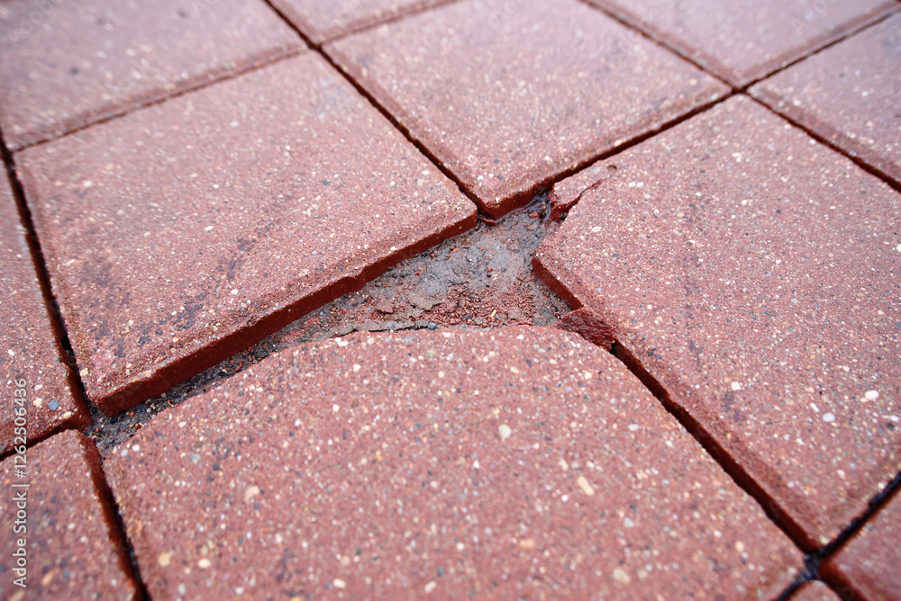Fractured pavement tiles with gaps and chips on an aged walkway surface. Damaged red concrete ...