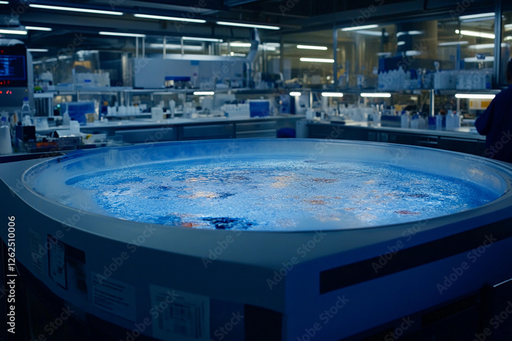 Solution dissolving in a large circular tank surrounded by laboratory ...