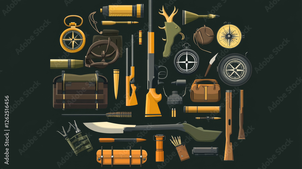 Hunting weapon and equipment poster for hunt sport design. Rifle, gun ...