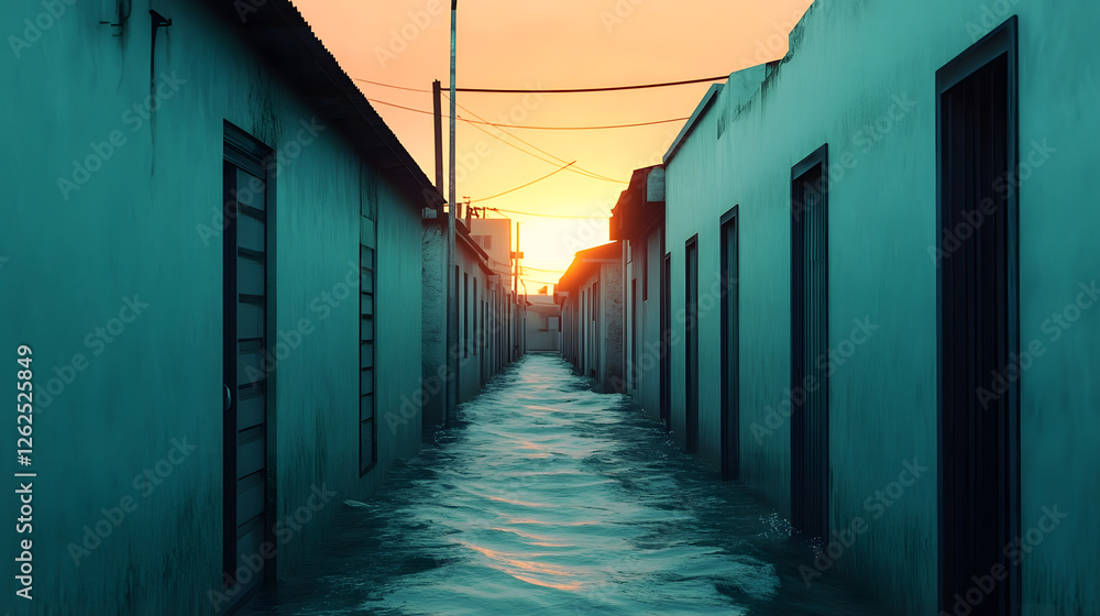 Massive tsunami wave crashing into a flooded city street, creating a ...