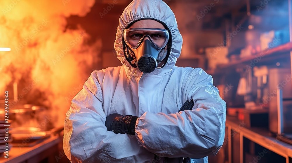 person in a white protective suit and gas mask stands confidently with ...