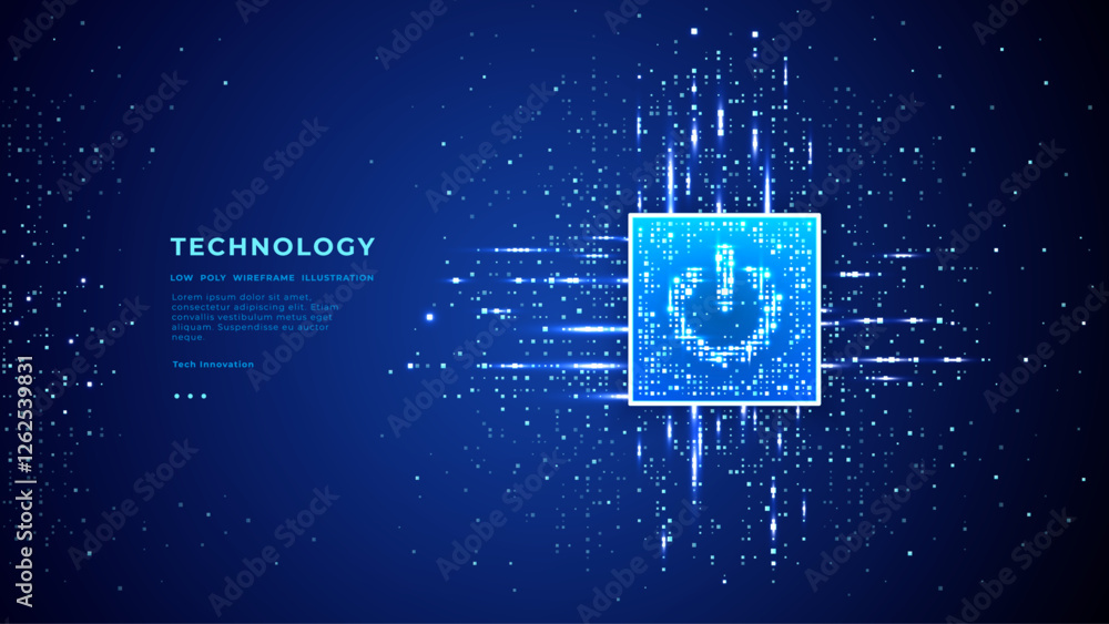Abstract ON power button in blue light glowing pixels on AI chip with ...