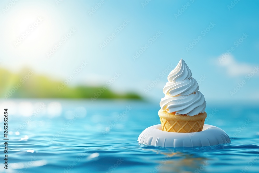 Ice cream cone on inflatable ring floats in blue water, sunny day ...
