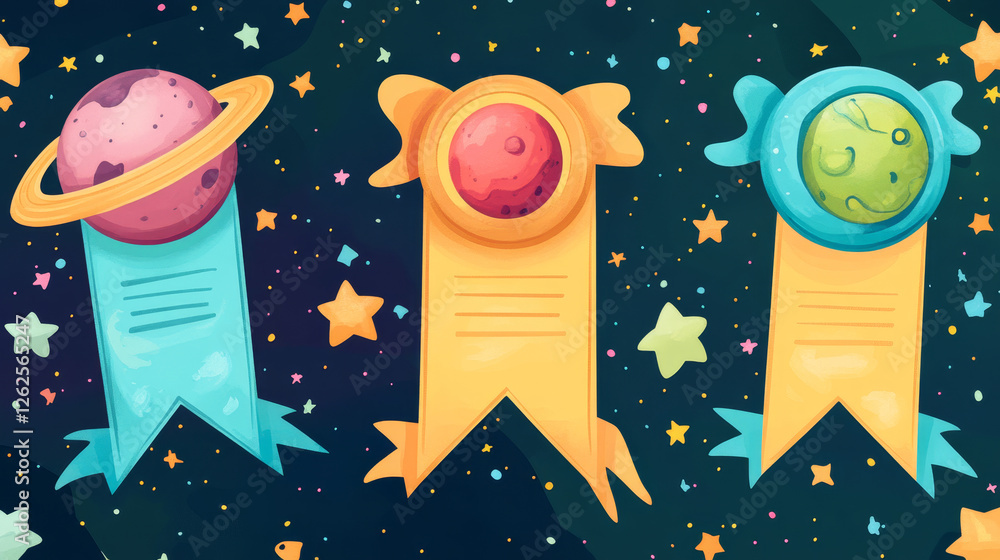 Education school diploma with cartoon vector fantasy planets ...
