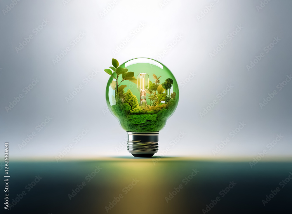 Green lightbulb encasing a tiny green city with plants, symbolizing eco ...