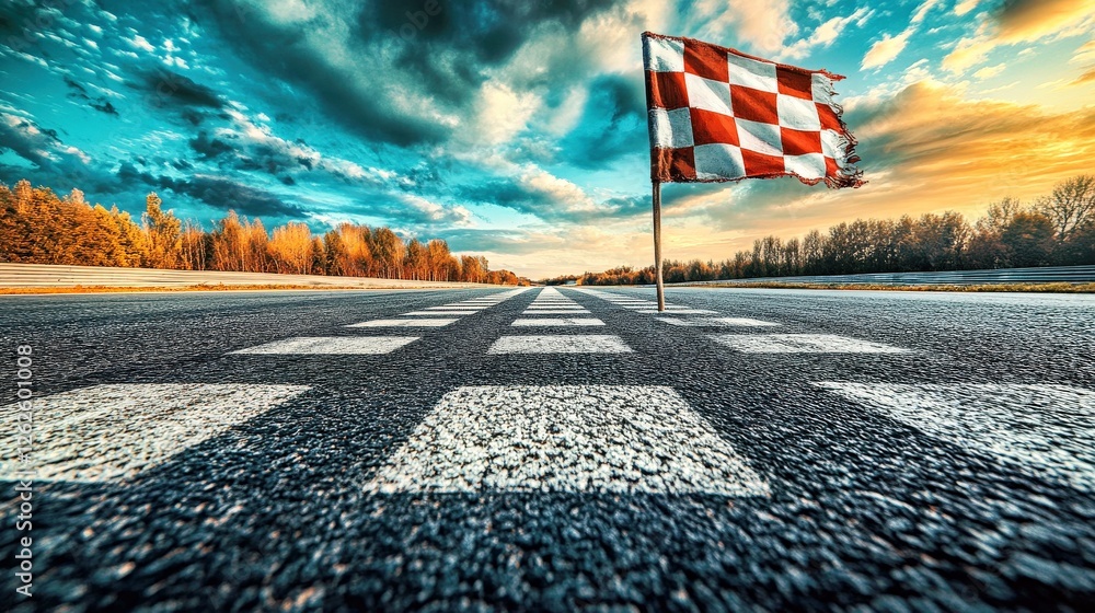 Checkered flag on race track marks speed and victory. Flag on racing ...