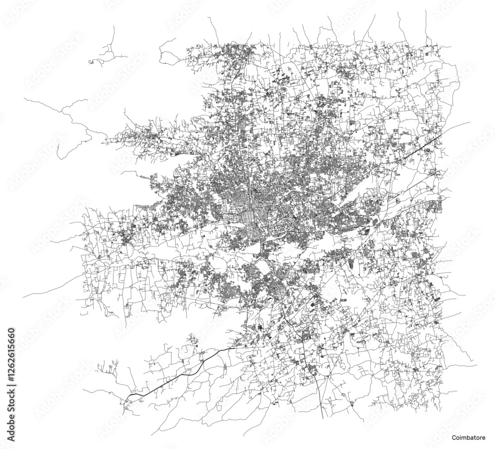 Coimbatore city map with roads and streets, India. Vector outline ...