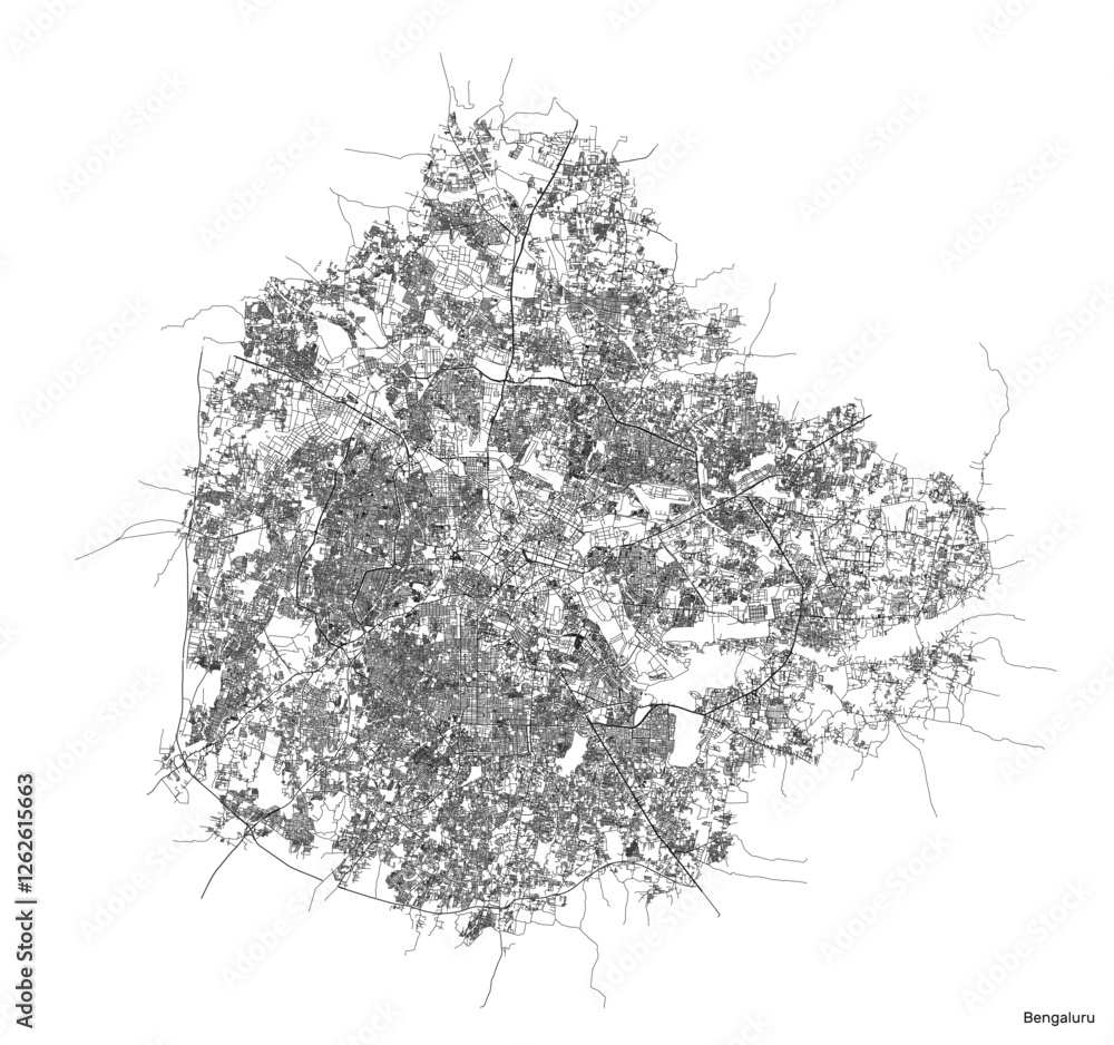 Bangalore city map with roads and streets, India. Vector outline ...