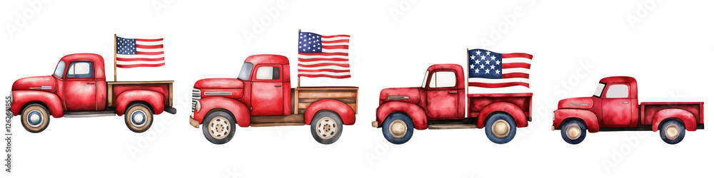 Vintage trucks with USA flags in watercolor style, perfect for ...